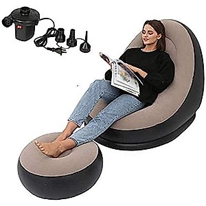 2-IN-1 Grey/Black Lounge Sofa Bed Set, Folding Portable Inflatable Lazy Flocking Recliner Chair with Footstool and Air Pump - Great for Pop Up Indoor and Outdoor Balcony, Backyard, Camping, Picnic, RV