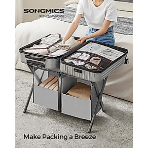 SONGMICS 2 Pack Luggage Racks with 2 Removable Laundry Bag, Set of 2 Suitcase Stands for Guest Room, Foldable for Space-Saving Storage, Steel Frame, Hotel, Bedroom, Slate Gray URLR008G02
