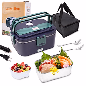 Eleckfun Electric Lunch Box Food Heater, 2 in 1 Heated Lunch Box for Car Truck Home Work Adults Food Heating, Leak Proof, 1.8L Removable Stainless Steel Container, 110V/12V/24V 80W