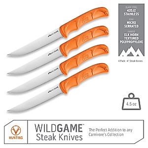 OUTDOOR EDGE Wild Game Steak Knives 4-Piece Set with Never-Sharpen Micro Serrated 420J2 Stainless Blades and Elk Horn Textured Black Polymer Handles
