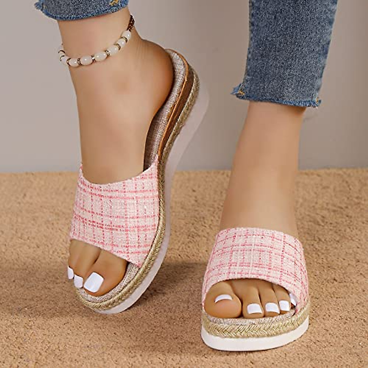 Womens Platform Wedge Sandals Espadrilles Braided Open Toe Slip On Summer Mule High Heels Summer House Slippers (Pink, 7)