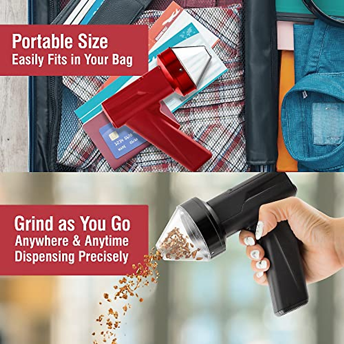 Auto9 2.5" Large Electric Grinder: Auto Spice Grinder with Auto Dispensing, Portable 4g Capacity with Two-Direction Rocker Switch Block Free(Black & Red)