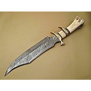 Custom Hand Made Forged Damascus Steel Hunting Bowie Knife Fixed Blade Leather Handle Camel Bone With Leather Sheath Full Tang 967