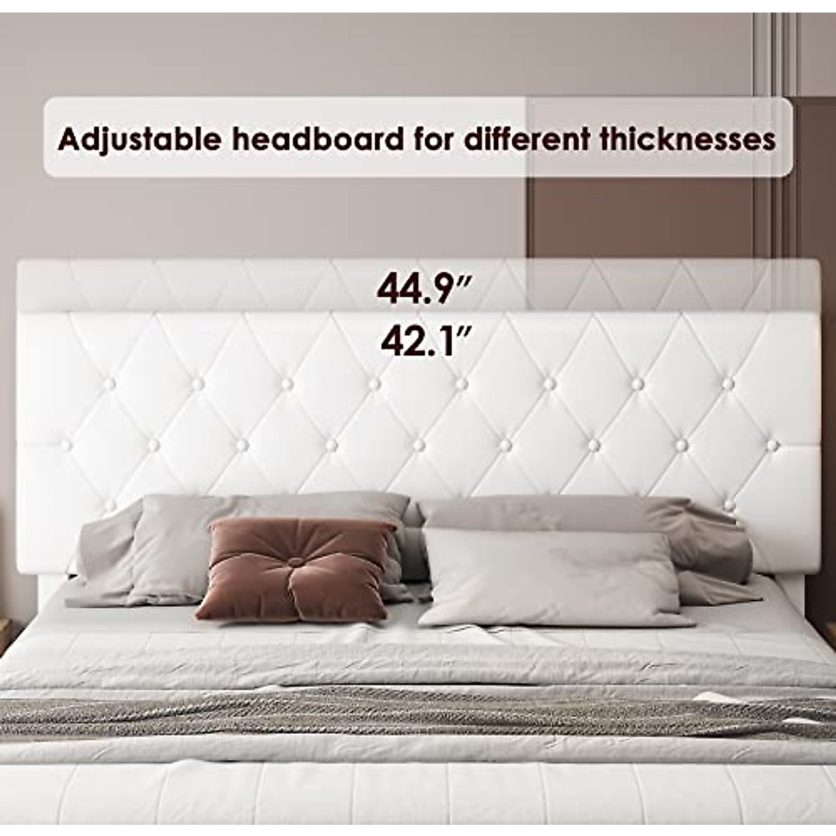TTVIEW Upholstered Queen Bed Frame with Button Tufted Headboard, Modern Faux Leather Platform Bed with Wooden Slat Support, No Box Spring Needed, Sturdy and Noise-Free, Easy Assembly, White
