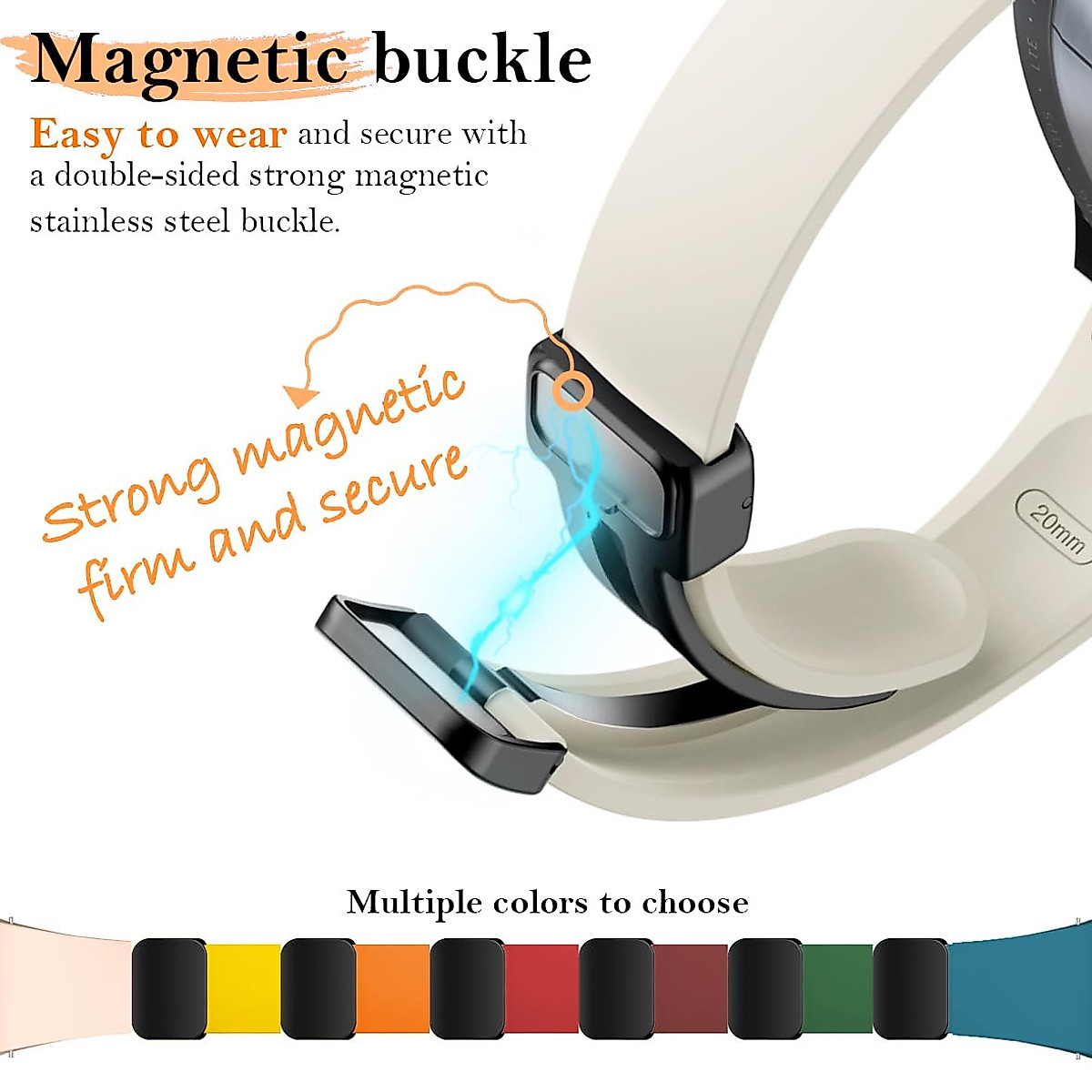 Magnetic Silicone Bands for Samsung Galaxy Watch 7 6 5 4 FE 40mm 44mm,20mm Soft Silicone with D-Buckle Slim Wistband Sport Strap for Galaxy Watch 6 classic/5 Pro/4 Classic/Active 2 Band Women Men