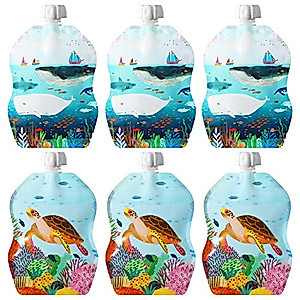 ChooMee Reusable Baby Food Storage Pouches, 8 oz | Ideal for Baby Food, Smoothies and Purees | Secure Double Lock Zipper, Wide Bottom, BPA Free | SnakPack Sealife 6 CT