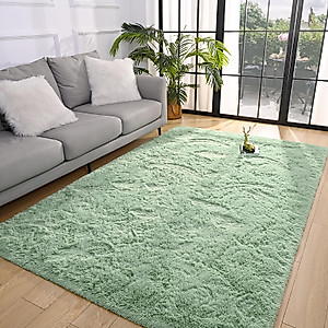 Pettop Fluffy Sage Green Rug for Bedroom Living Room, 4x6 Feet Rectangle Large Rug Plush Fuzzy Carpet for Girls Kids Boys, Non-Slip and Washable Rug for Nursery Classroom Decor Rug