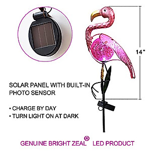 Bright Zeal 14" Big Metal Outdoor Solar Lights Waterproof Flamingo Garden LED Stake Light - Solar Pink Flamingos Yard Ornaments - Solar Stake Lights Yard Decor Solar Metal Yard Art