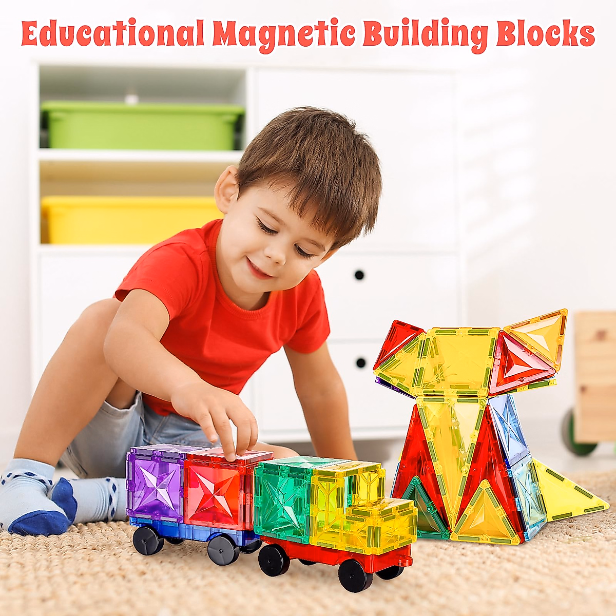 Meuzhen 120Pcs Magnetic Tiles with 2 Cars Toy Set, Diamond Magnet Tiles 3D Building Blocks, Toddler Montessori Toys for 3 4 5 6 Years, STEM Preschool Kids Sensory Educational Toys Gift for Boys Girls
