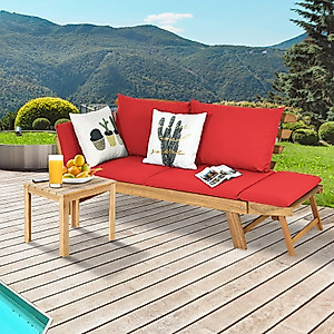 DORTALA Patio Convertible Couch Sofa Bed, Acacia Wood Daybed w/Adjustable Armrest, Collapsible Chaise Lounge w/Cushions & Pillows, Outdoor Loveseat forPoolside, Courtyard (Red)