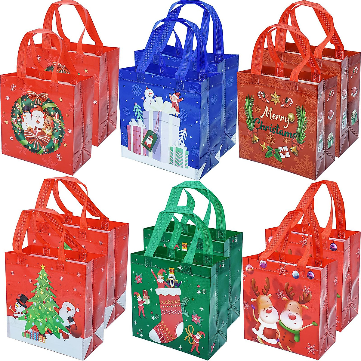 Christmas Gift Bags Tote-Bag with Handles - 12 Pack Reusable Non-Woven Xmas Party Supplies Presents Holiday Santa Claus Merry Christmas Pattern for New Year's Shopping L8.6"xH9"xW4.3"(L22xH23xW11cm)