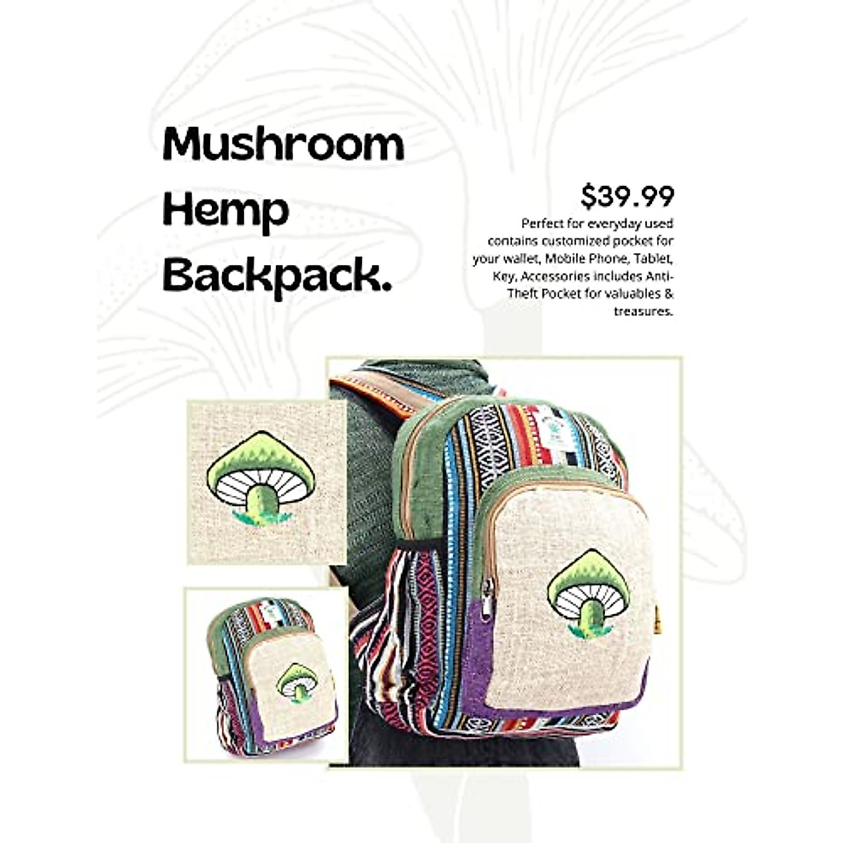 Himalaya Handmade Unique 100% Hemp Backpack Small Backpack Hippie Backpack Festival Backpack Hiking and Laptop Backpack FAIR TRADE with Love Multi/Green Mini