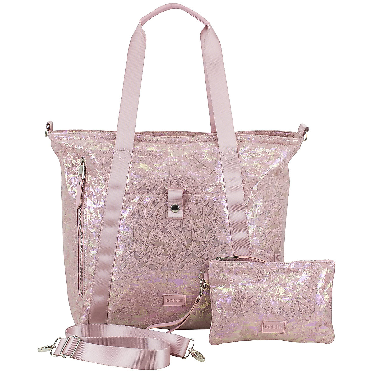 BODHI Township Tote with Removable Zipper Wristlet and Adjustable Crossbody Strap-Pink Geo