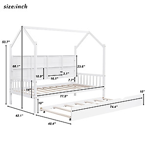 Twin House Bed with Twin Size Trundle,Twin Size Platform Bed Frame with Storage Shelves and Roof,Montessori Bed,Tent Bed,Wood Playhouse Bed Twin for Kids Teens Girls & Boys (Twin, White)