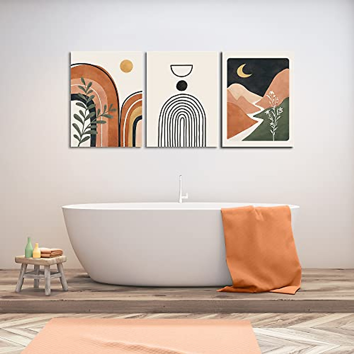 Minimalist Boho Wall Art Set of 3, Abstract Wall Art Mid-Century Modern Art Print, Neutral Geometric Canvas Artwork Posters for Living Room, Bedroom, Bathroom, Gallery, Boho Room Decor 12"x16", Framed