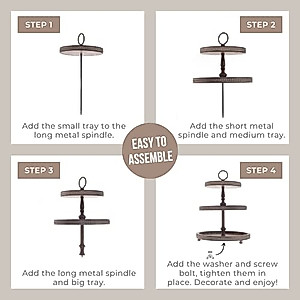 FESTWIND 3 Tiered Tray, Wood Tiered Tray for Kitchen Dinning Table Entryway Coffee Table, Small Beaded Tiered Tray Stand for Holidays, Three Tiered Tray Distressed Brown