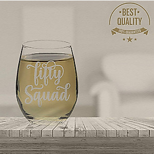 Veracco Fifty Squad Stemless Wine Glass 50th Birthday Gift For Him Her Fifty and Fabulous (Clear, Glass)