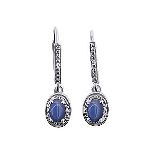 Rylos Sterling Silver Dangling Earrings - 6X4MM Oval Blue Star Sapphire & Sparkling Diamonds - Exquisite Birthstone Jewelry