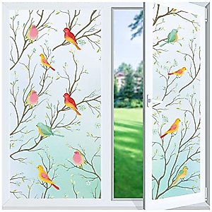 Viseeko Stained Glass Window Film: Bird Window Privacy Film Non-Adhesive Window Clings Room Decor Frosted Window Decals UV Blocker Removable for Bathroom Kids Study Room