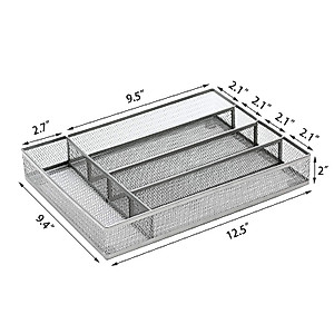 JANE EYRE Drawer Organizer, Cutlery Tray Silverware Flatware Storage Divider for Kitchen, Mesh Wire with Non-slip Foam Feet, 5 Component, Silver