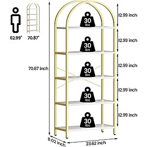 Bookshelf 5 Tier Bookcase Arched Display Racks Tall Standing Bookshelves Mental Frame Modern Storage Rack Gold Vintage Rectangular Wood Finish Solid