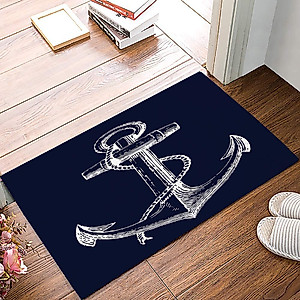 White Nautical Anchor Navy Blue Door Mats Cover Non-Slip Machine Washable Indoor Bathroom Kitchen Decor Rug Mat 16x24 Inch