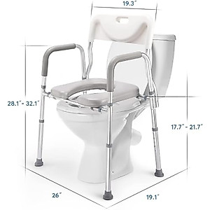 4-in-1 Raised Toilet Seat with Handles and Back, Medical Bedside Commode Chair, Adjustable Toilet Safety Frame, Shower Chair for Seniors, Elderly, Handicap, Pregnant，Collapsible Basin Included