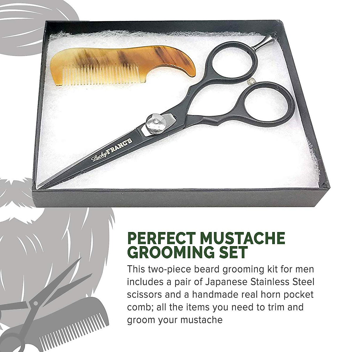 Lucky Franc's Beard Grooming Kit with Japanese Beard Scissors & Ox Horn Handmade Mini Beard Combs for Men. Mustache Trimming Kit with Mustache Hair Scissors and Comb for Men. Handmade Beard Care Kit