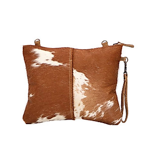 Myra Bag Ivory & Drab Upcycled Leather & Cowhide Wristlet Pouch Bag S-1491