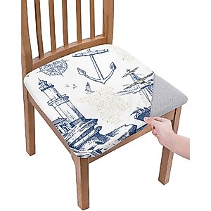 Ocean Nautical Seat Covers for Dining Chairs, Stretch Kitchen Chair Slipcovers, Retro Blue Sea Coastal Lighthouse Boat Dining Room Chair Covers Removable Office Chair Cover Protector Set of 2