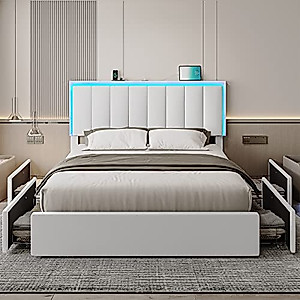 DICTAC Queen Bed Frame with 4 Drawers and USB Ports Modern Upholstered Platform LED Bed Frame with Storage Drawers and LED Lights Headboard,Faux Leather,No Box Spring Needed, Easy Assembly,White
