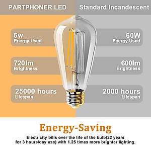 PARTPHONER LED Dimmable Edison Bulbs 6W 720LM, Vintage ST58 LED Light Bulb 2500K Amber Warm White Light 60 Watt Incandescent Equivalent E26 Base, 4 Pack