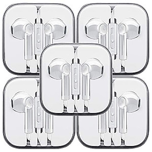 Wired Earbud Headphones with Microphone, Boost+ Premium Earphones Volume Control Slide-Bar with 3.5mm Port for PCs, Tablets, and Cell Phones in The Office, Classroom or Home, White, 5-Pack