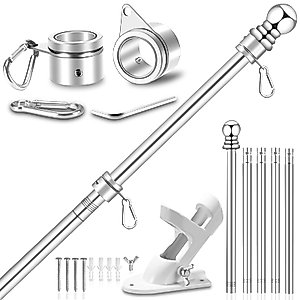 Upgraded Flag Pole Kit w/ 2-Position Bracket Holder & Rotating Flag Rings - 5FT to 6Ft 1" Metal Flagpole Kit for 3x5 & 4x6 American Flag - House Wall Mount Flag Pole for Residential (6 FT, Silver)