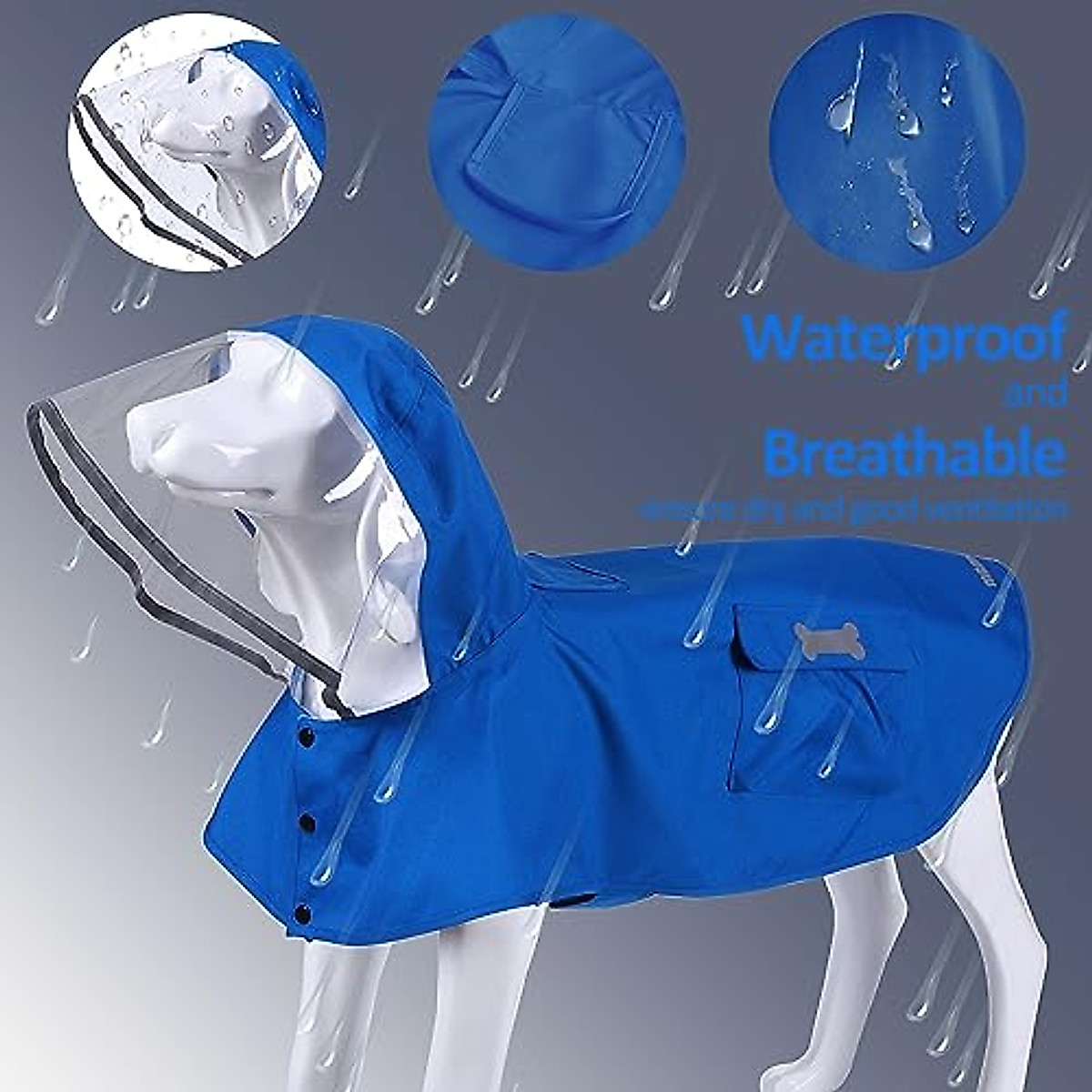 Waterproof Dog Raincoat, Adjustable Reflective Lightweight Pet Rain Clothes with Poncho Hood (Large, Blue)