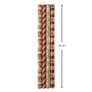 Hallmark Kraft Christmas Wrapping Paper with Cutlines on Reverse (4 Rolls: 88 sq. ft. ttl) Red Trucks, Snowflakes, Red Stripes, Merry Christmas