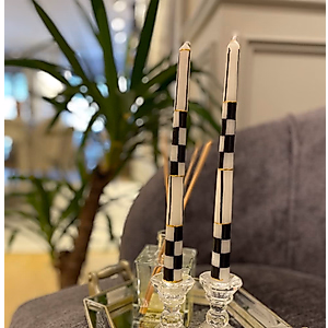0 Handmade Decorative Hand Painted Taper Candles, 2 Pack | Checkered Black & White | for Dinner Table and Interior Decoration