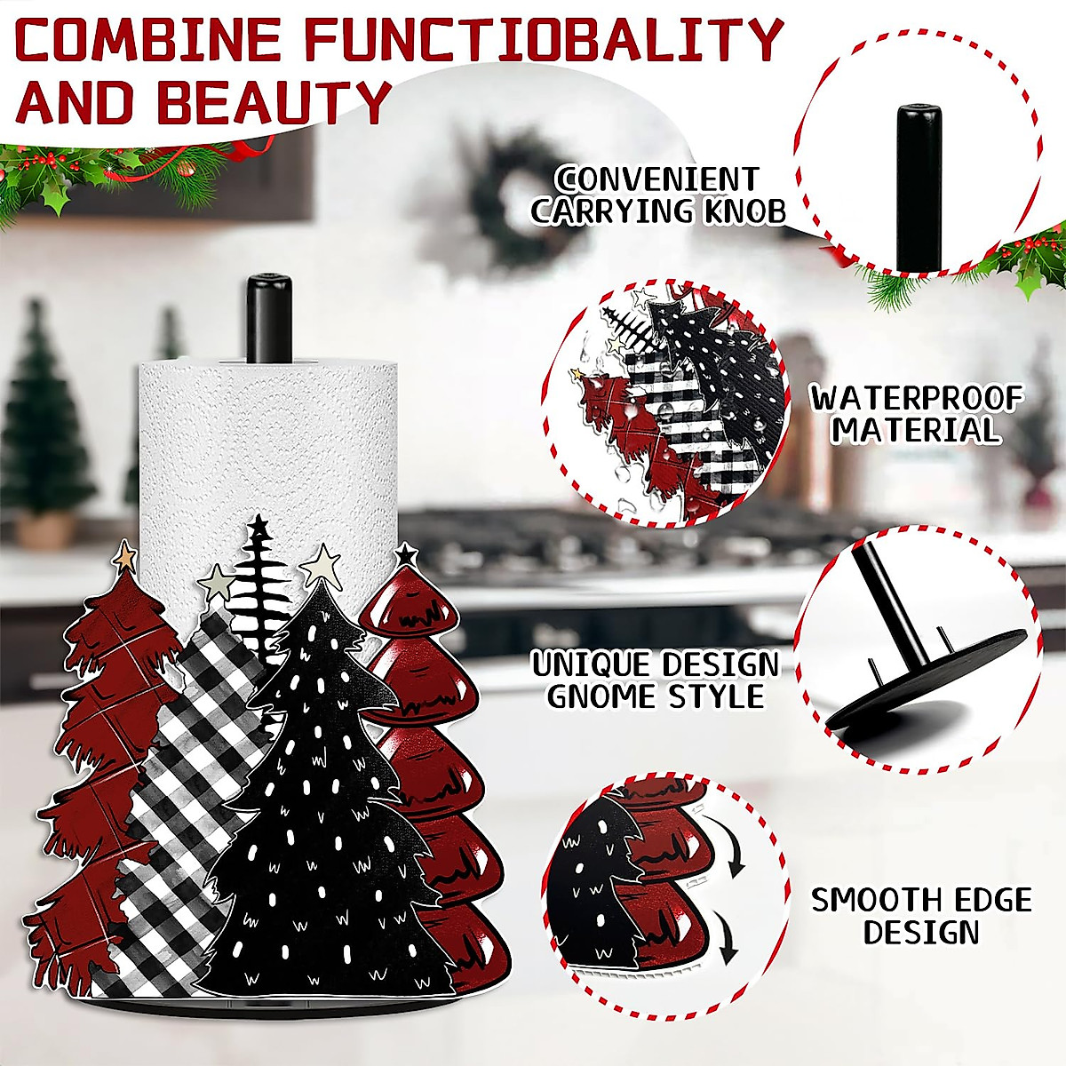 Christmas Paper Towel Holder, Red Truck Christmas Decoration, Buffalo Plaid Christmas Tree Towels Paper Holder for Kitchen Countertop Bathroom Home Farmhouse, Winter Replaceable Xmas Tree Decor Indoor