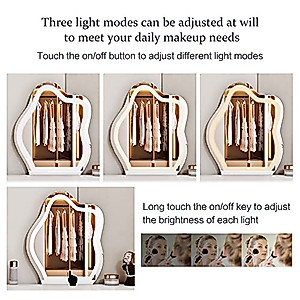 leejdn White Vanity Desk with 3-Color Touch Screen Lighted Mirror, 5 Drawers, Makeup Vanity Table Set with LightsDressing Table for Women Girls