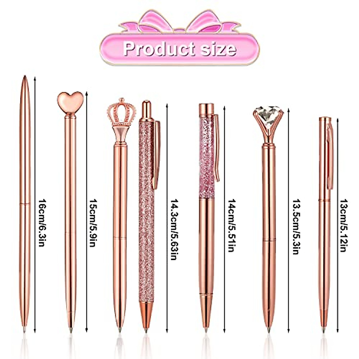 7pcs Rose Gold Ballpoint Pen Set, Metal Rose Gold Glitter Pens Bling Bling Pens Black Ink Dynamic Liquid Pen Gifts for Christmas Birthday Wedding Office Supplies