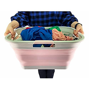 SAMMART 30L (8 gallon) Collapsible Plastic Laundry Basket-Foldable Pop Up Storage Container/Organizer-Portable Washing Tub-Space Saving Hamper/Basket (1, Grey/Pale Pink)
