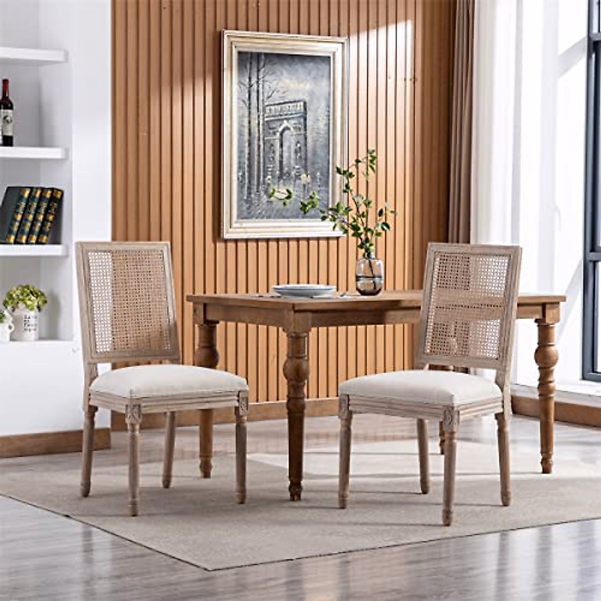 French Dining Chairs Set of 2, 2 Pack Vintage French Dining Chairs Set, Wood Frame Linen Fabric Seating Chairs with Painting Rattan Back, Living Room Chairs with Wood Legs, Easy Assembly, Cream