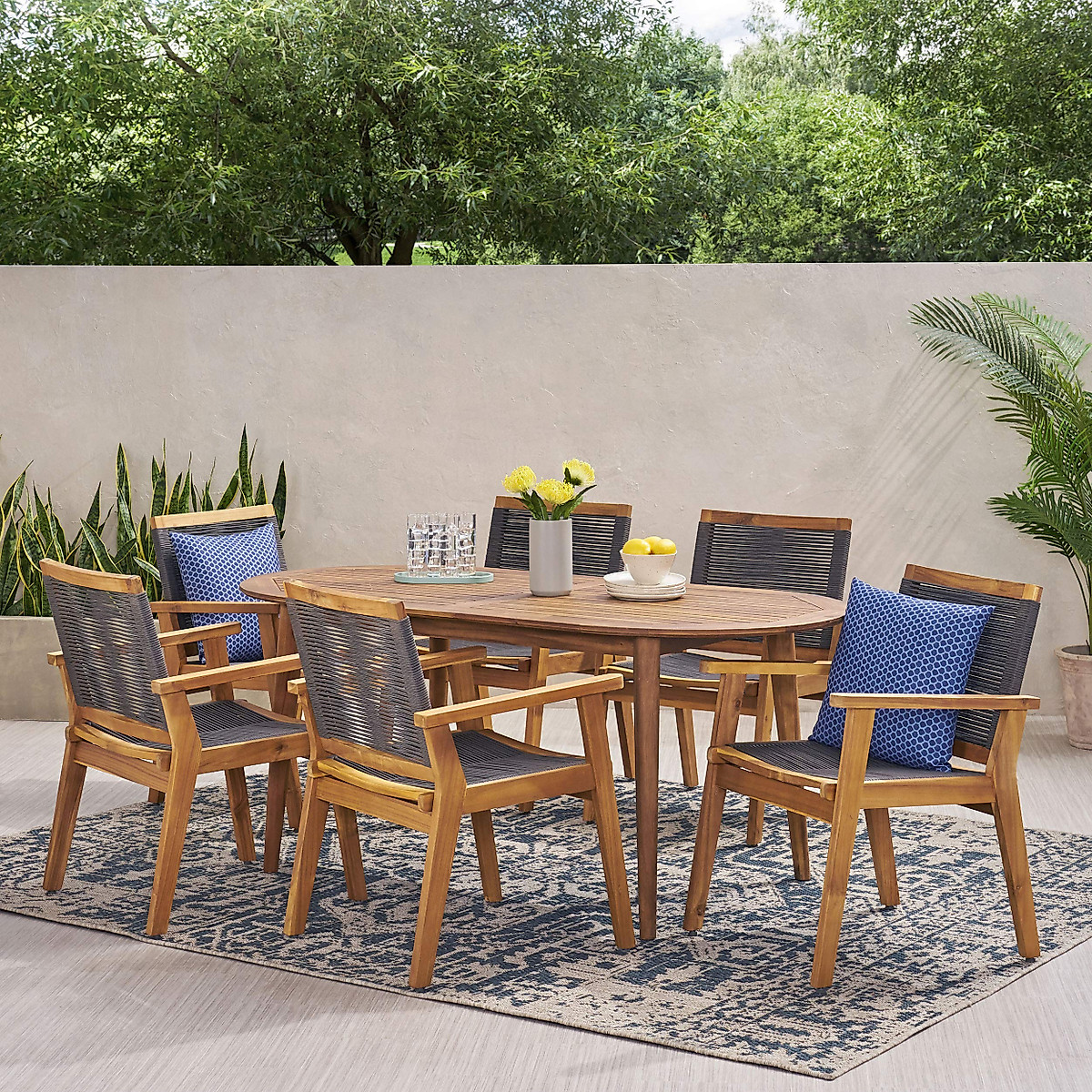 Christopher Knight Home Ashley Outdoor 7 Piece Acacia Wood Dining, Teak and Dark Gray