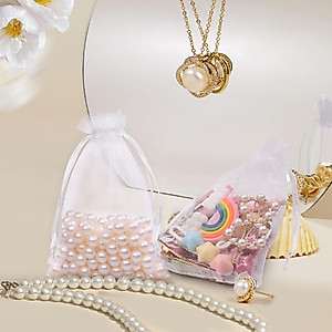 FUNFERY 100 Pcs Small Mesh Bags Drawstring,White Organza Bags 4x6 inch, Jewelry Drawstring Gift Bags Bulk Wedding Favor Bags Sachet Bags Sheer Organza Mesh Pouch,Candy Bags for Party Favor,Chritmas