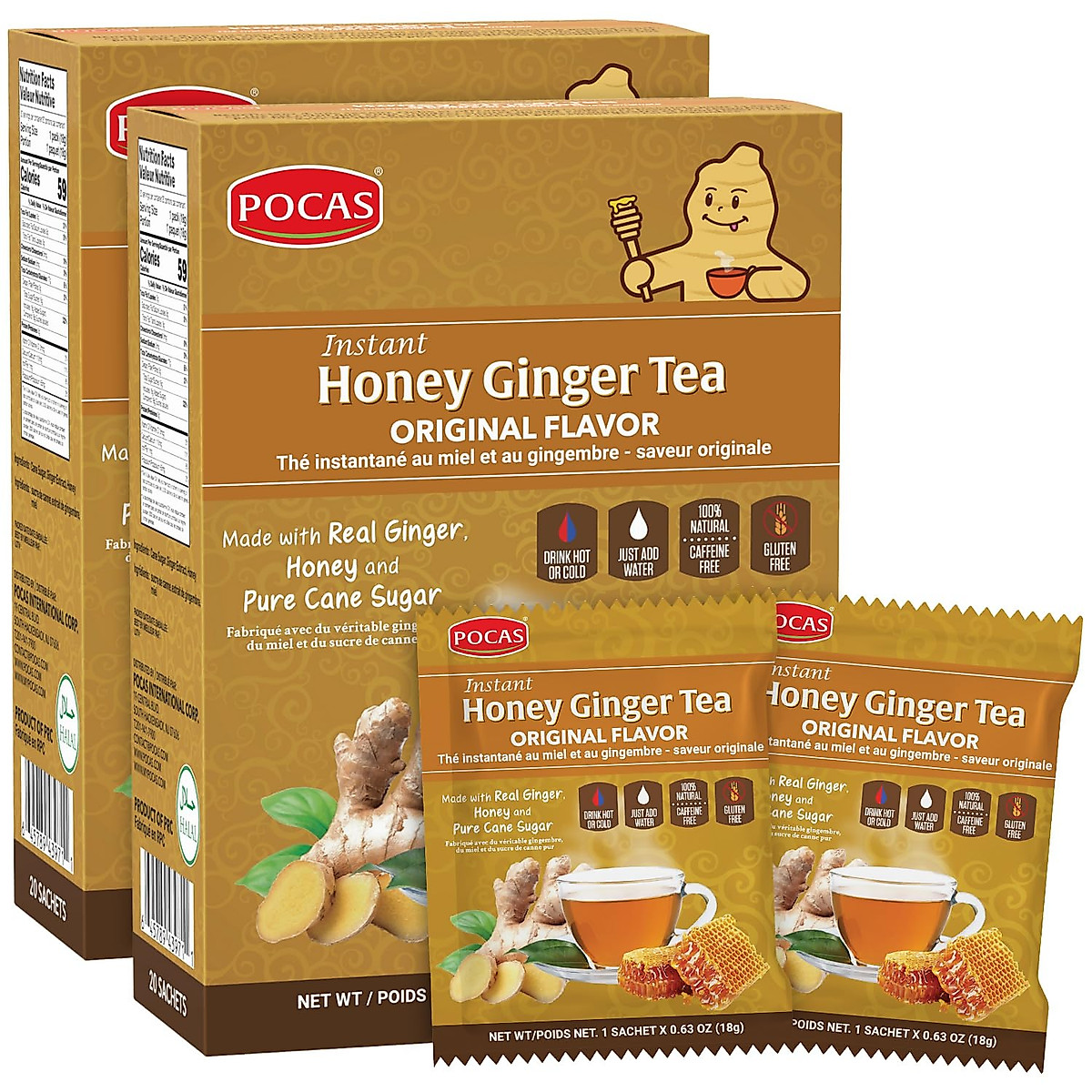 Pocas Honey Ginger Tea - Instant Tea Powder Packets with Ginger Honey Crystals Tea, Non-GMO/Gluten Free/Caffeine Free, 20 Count (Pack of 2)
