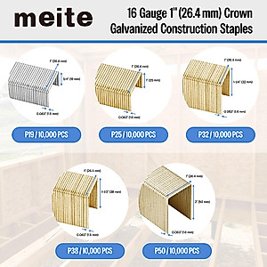 meite P32 16 Gauge 1-Inch (26.4 mm) Wide Crown by 1 1/4-Inch Length Galvanized Construction Staples Heavy Wire Staples (10,000 PCS)