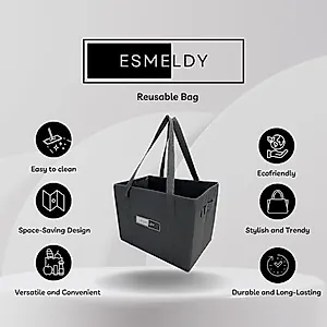 ESMELDY - PRO Reusable Grocery Bags - Reusable Shopping bags for groceries (Kit of 3) grocery tote Bags with Long Handles, Reinforced Bottom and separator, Foldable shopping bag