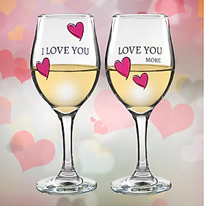 BANBERRY DESIGNS Lover's Wine Glass Set - I Love You, Love You More - Set of 2 - Sweethearts Wine Glasses with Decorative Hearts - His and Her Romantic Glassware 7 3/4" H 12 oz