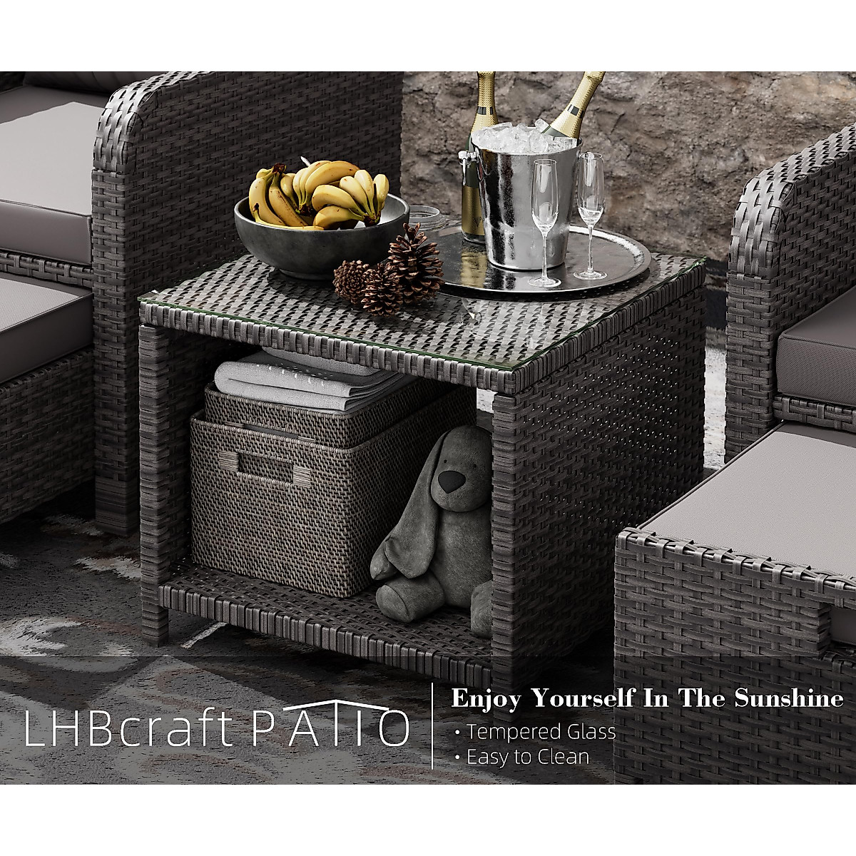LHBcraft Balcony Furniture 5 Piece Patio Conversation Set, PE Wicker Rattan Outdoor Lounge Chairs with Soft Cushions 2 Ottoman&Glass Table for Porch, Lawn-Grey Wicker (Grey-Grey)