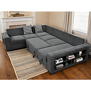 THSUPER Oversized Sectional Sleeper Sofa with Pull Out Bed, Chaise Lounge and Side Storage, U Shaped Comfy Sectional Sofa Couches Set for Living Room - 6 Seater, Dark Grey Fabric
